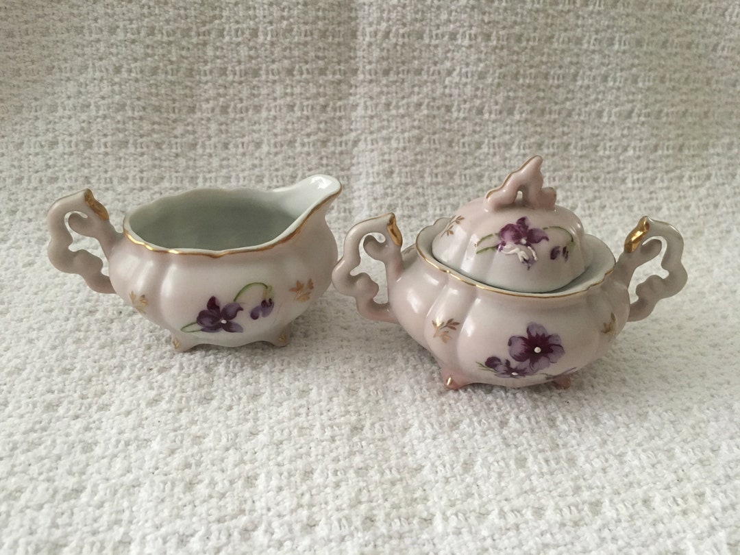 Lefton China Hand Painted Miniature Violets With Gold Trim Sugar and ...