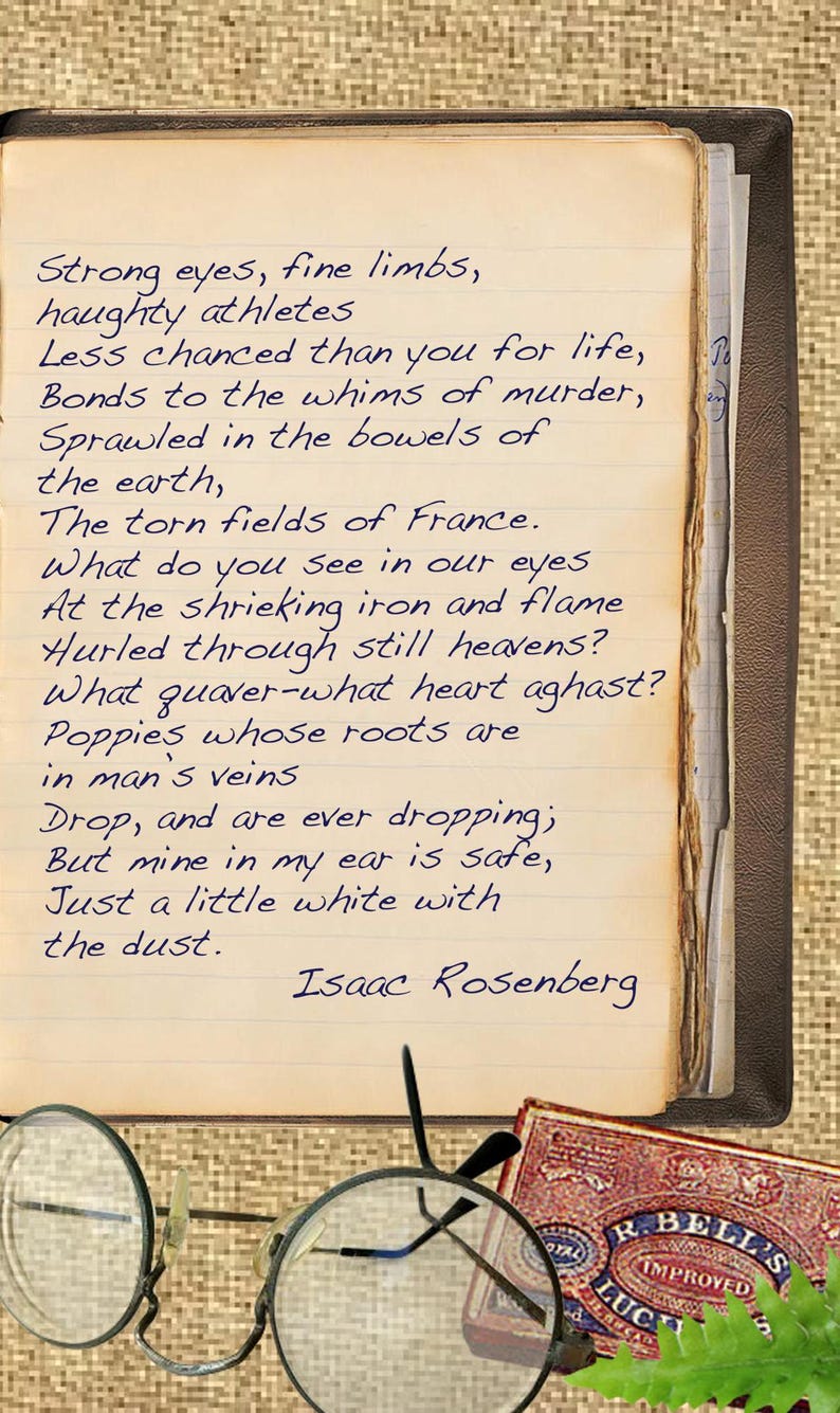 Isaac Rosenberg "break of Day in the Trenches" First World War Poem A5 ...