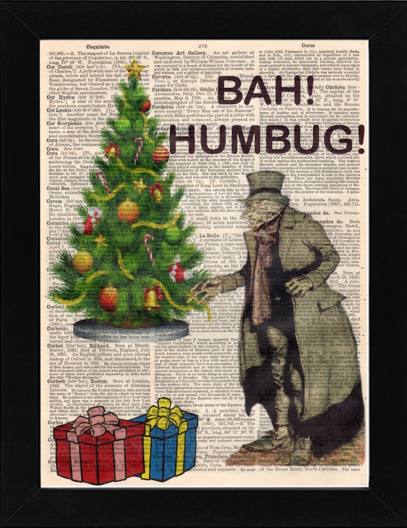 Scrooge Christmas Carol Bah Humbug Dickens Quote 1 Antique Book Page ...