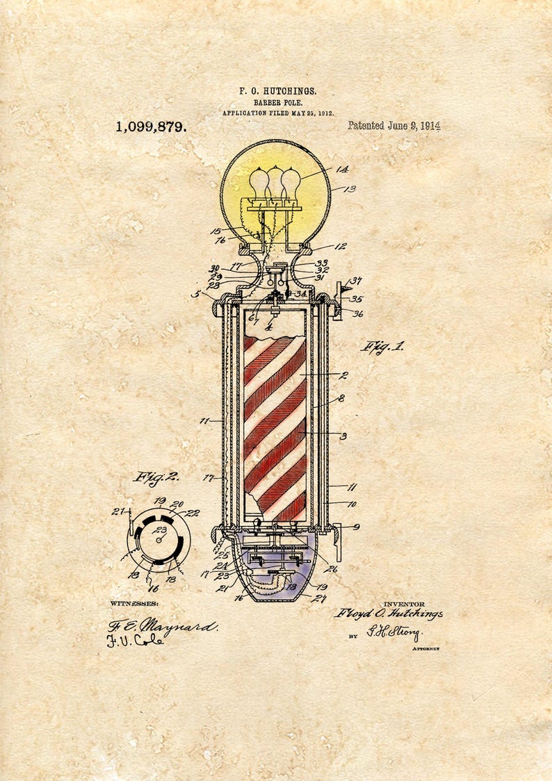 Barbers Pole Patent Art Print 1914 A4 / A5 Historic Invention Tech Wall ...