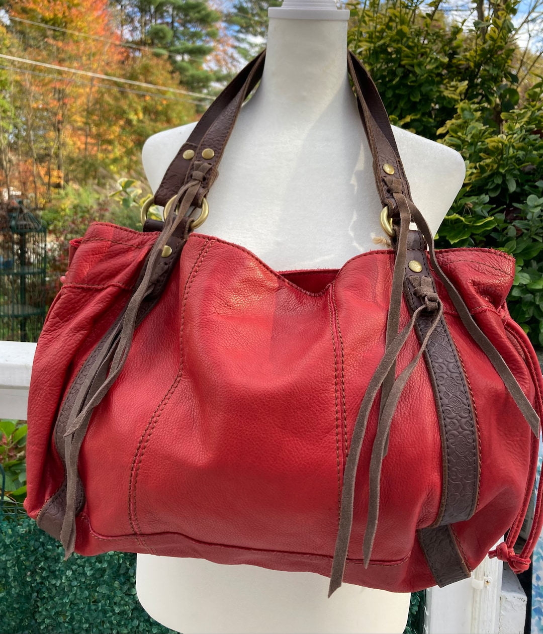 LUCKY BRAND Red Leather Shoulder Handbag With Brown Fringe - Etsy