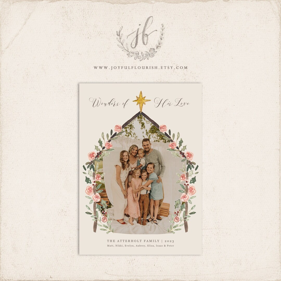 Floral Stable Religious Photo Christmas Card Template | Flowers Around ...