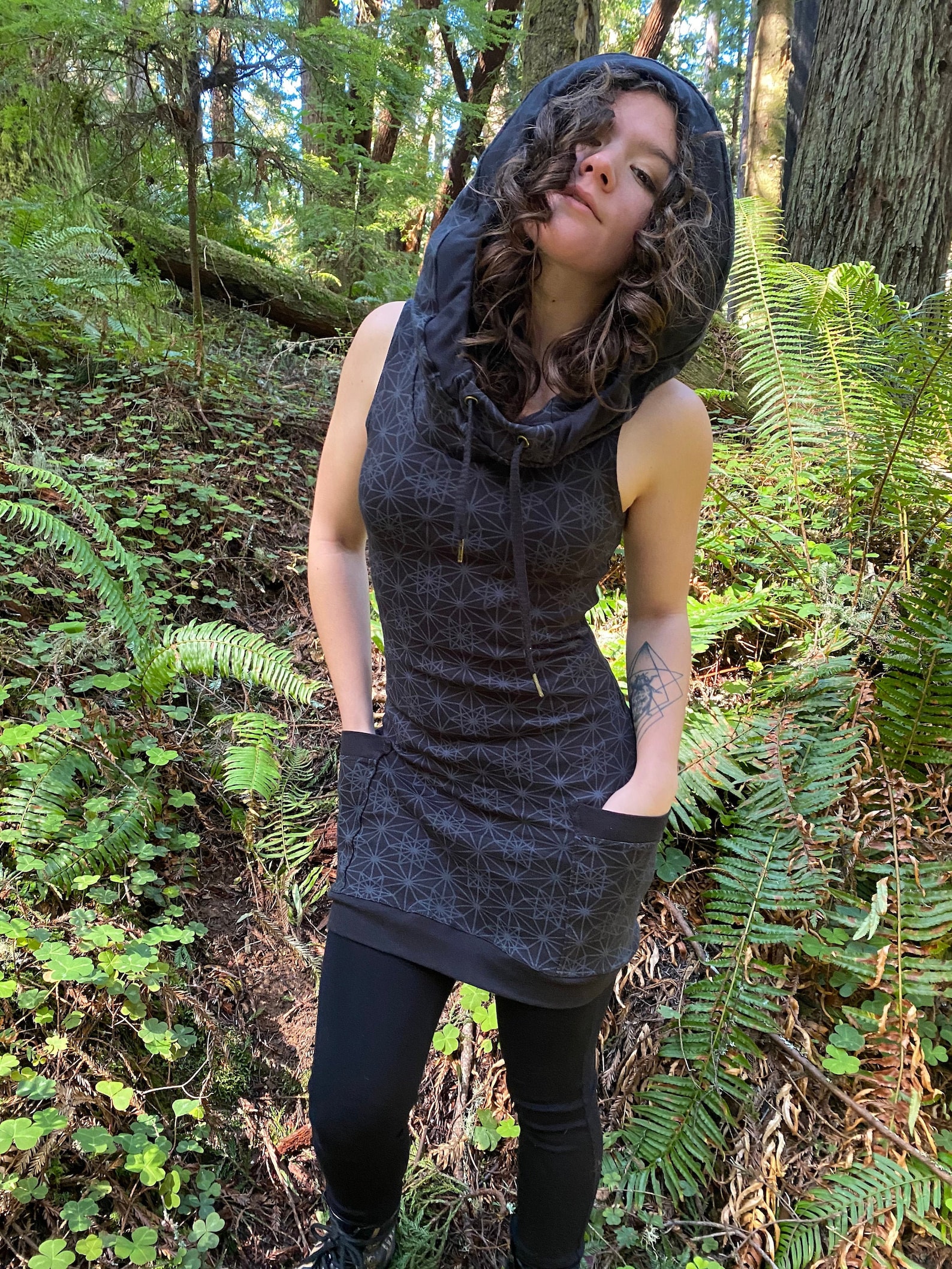 Sleeveless Portal Dress / Organic Cotton Black Cowl Hooded Mini Dress ...