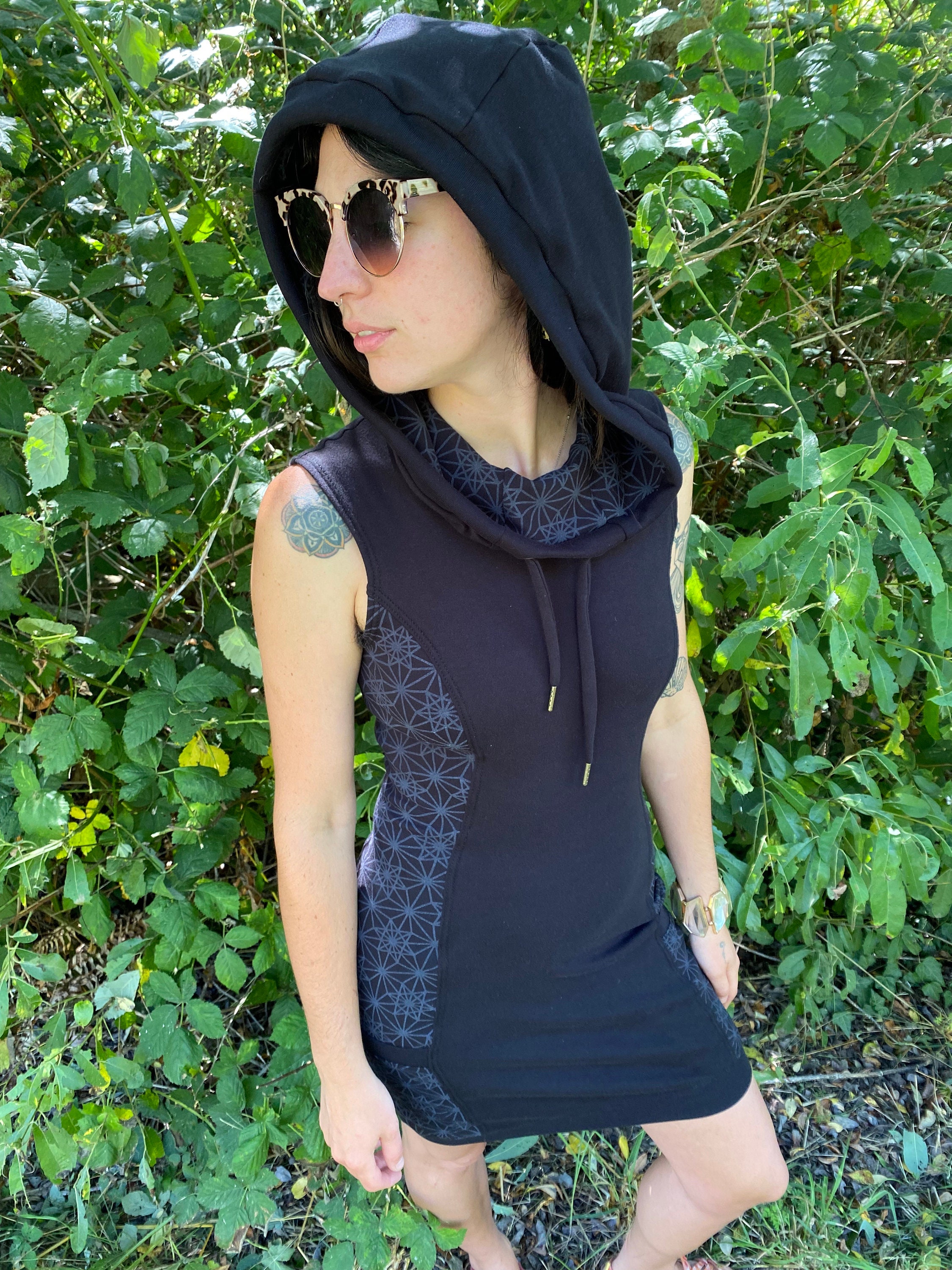 Sleeveless Side Panel Portal Dress / Organic Cotton Cowl Hooded Dress ...