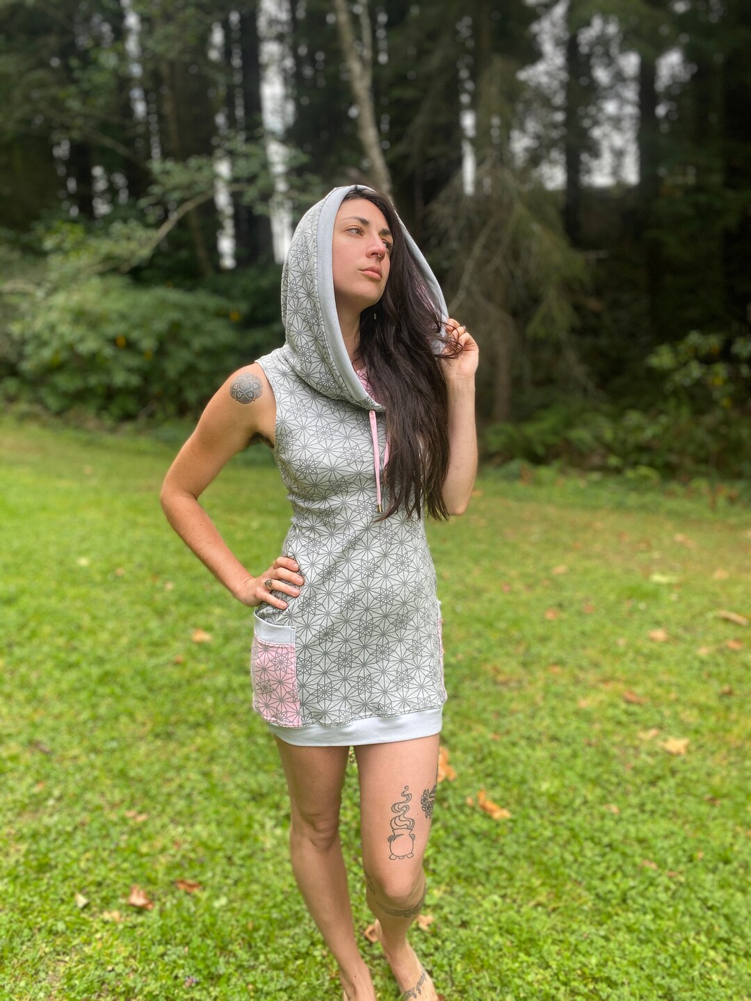 Sleeveless Portal Dress / Organic Cotton Grey Cowl Hooded Dress With ...