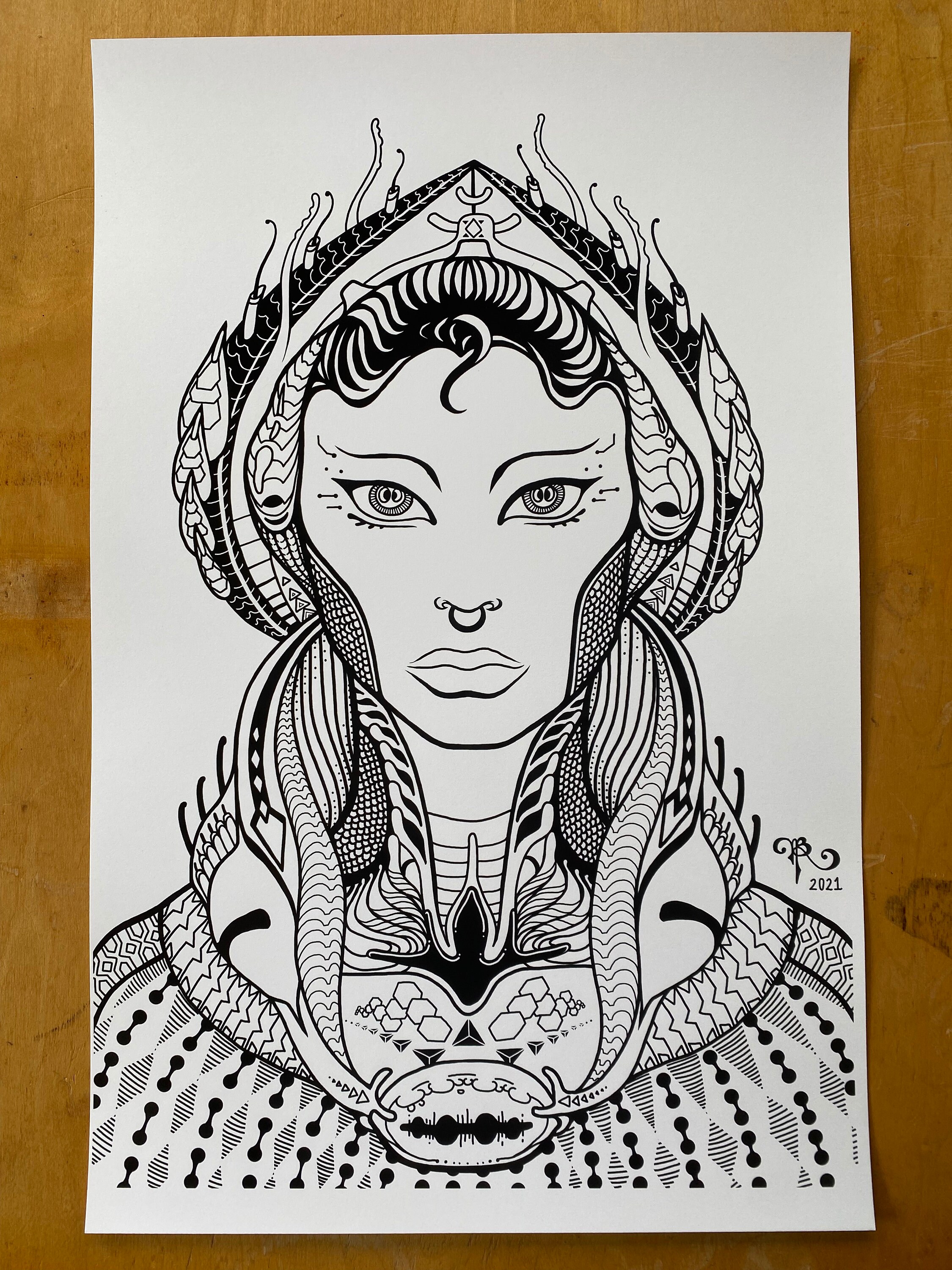 Snake hand Drawn Sacred Geometry Art Print Sci-fi Serpentine Queen ...