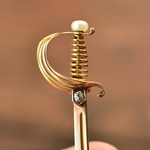 1940s 18K Vintage Sword Saber Pin Brooch With Pearl and Old Mine Cut ...