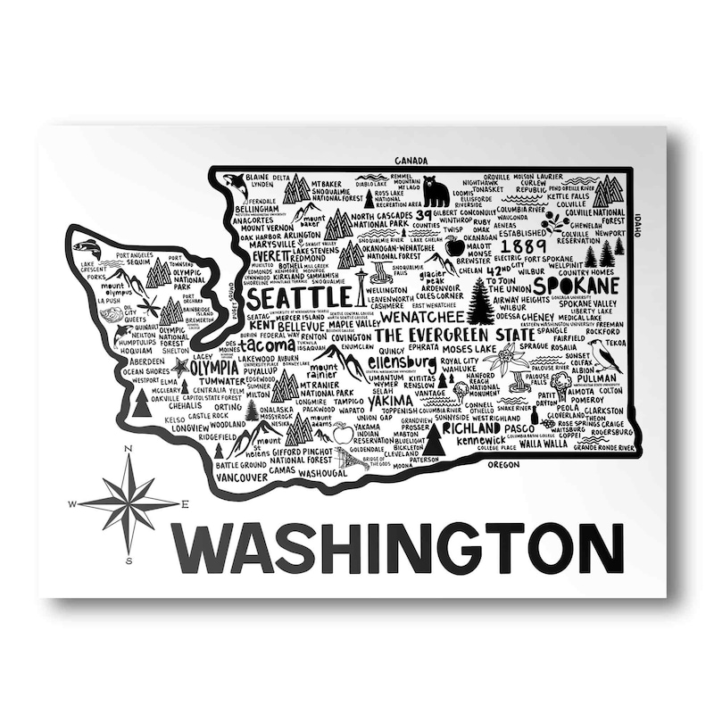 Map of Washington State - Etsy