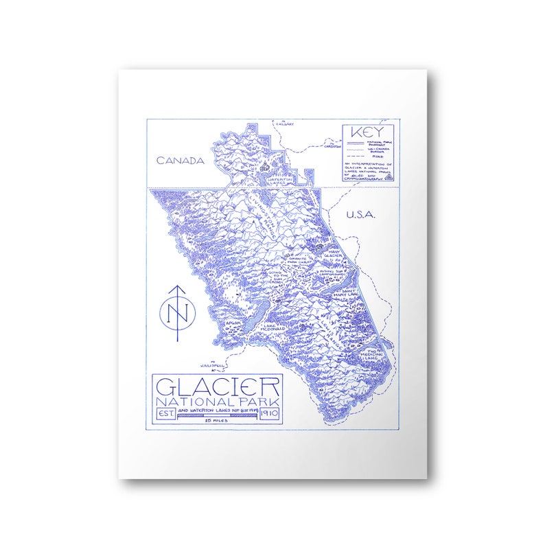 Glacier National Park Map Hand Drawn Print - Etsy