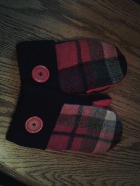 Red Plaid Felted Wool Mittens With Large Red Button - Etsy