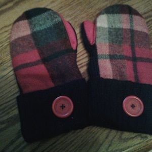 Red Plaid Felted Wool Mittens With Large Red Button - Etsy