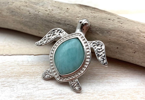 Sea Turtle Larimar Silver Pendant / Larimar Medium Sea Turtle | Etsy