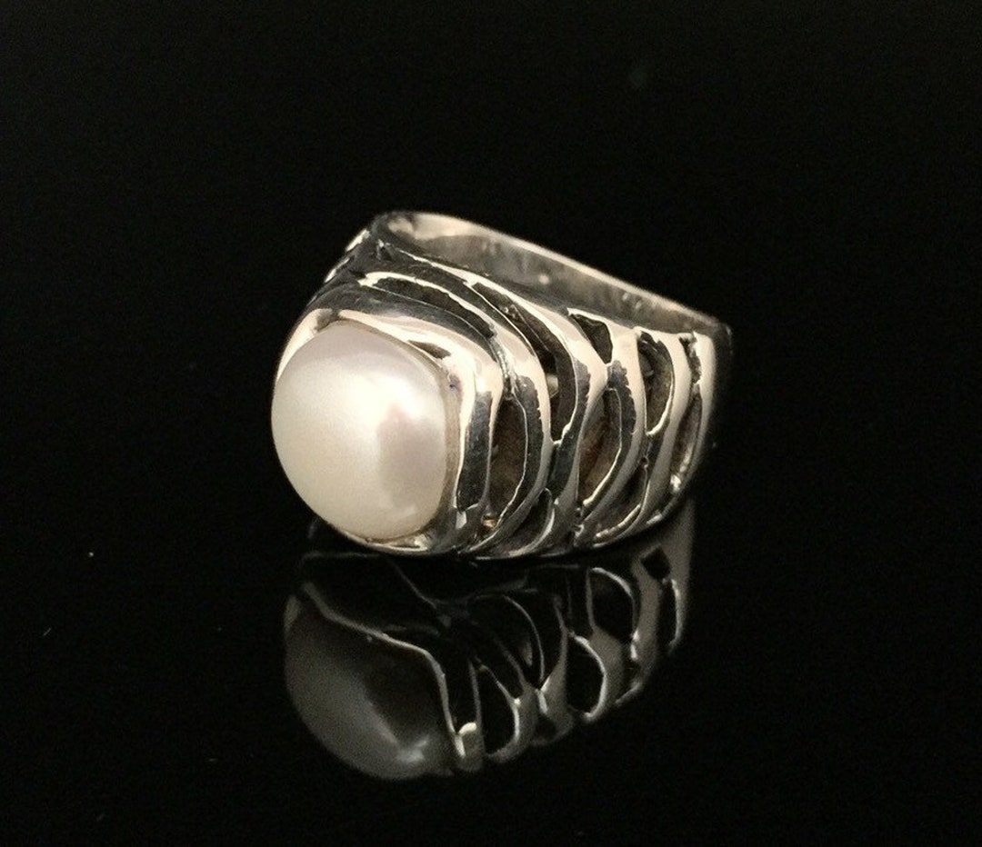 Silver Pearl Ring // 925 Sterling Silver // Raised Zebra Pattern ...