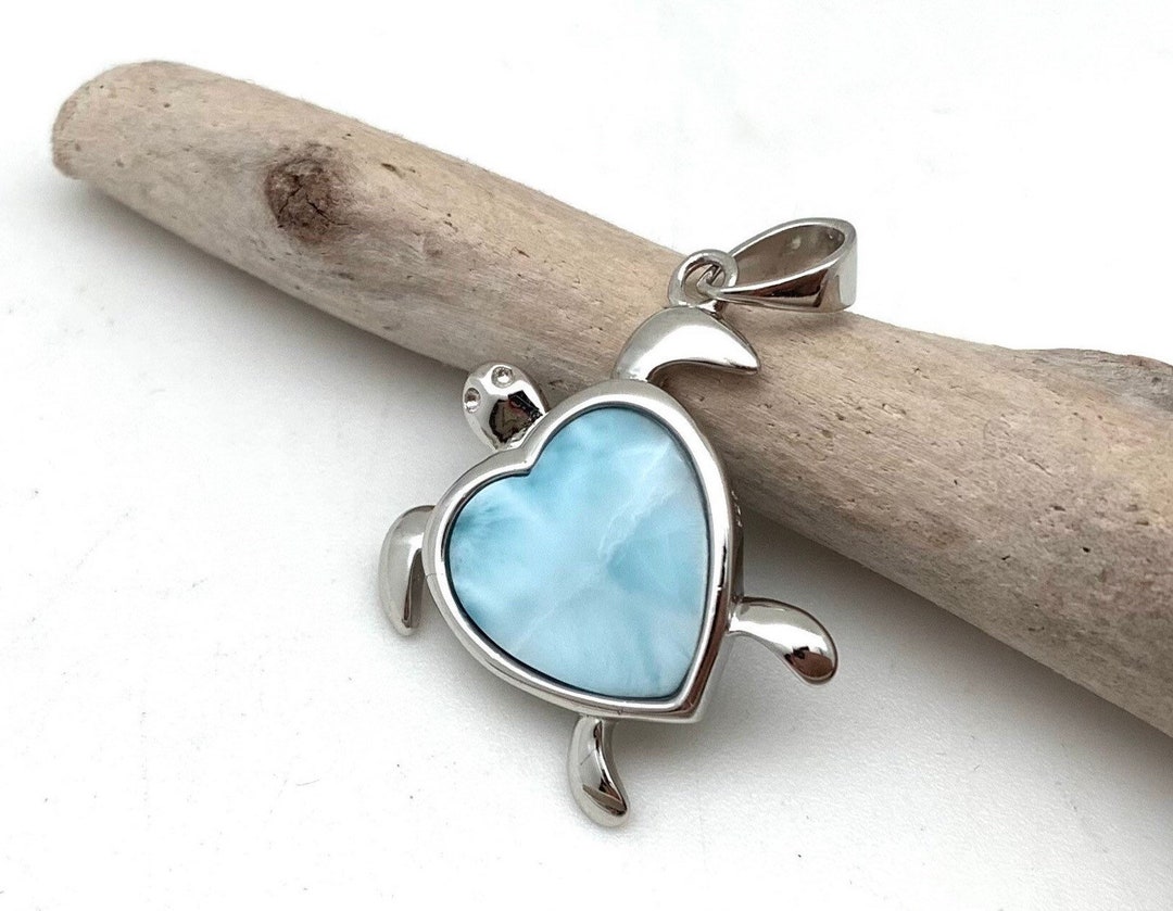 Sea Turtle Larimar Silver Pendant / Larimar Sea Turtle Heart / Long ...