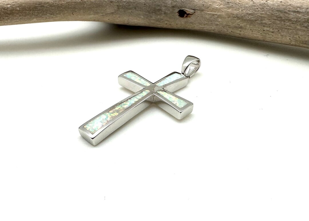 White Opal Cross Pendant 40mm // Simple White Opal Cross Pendant ...