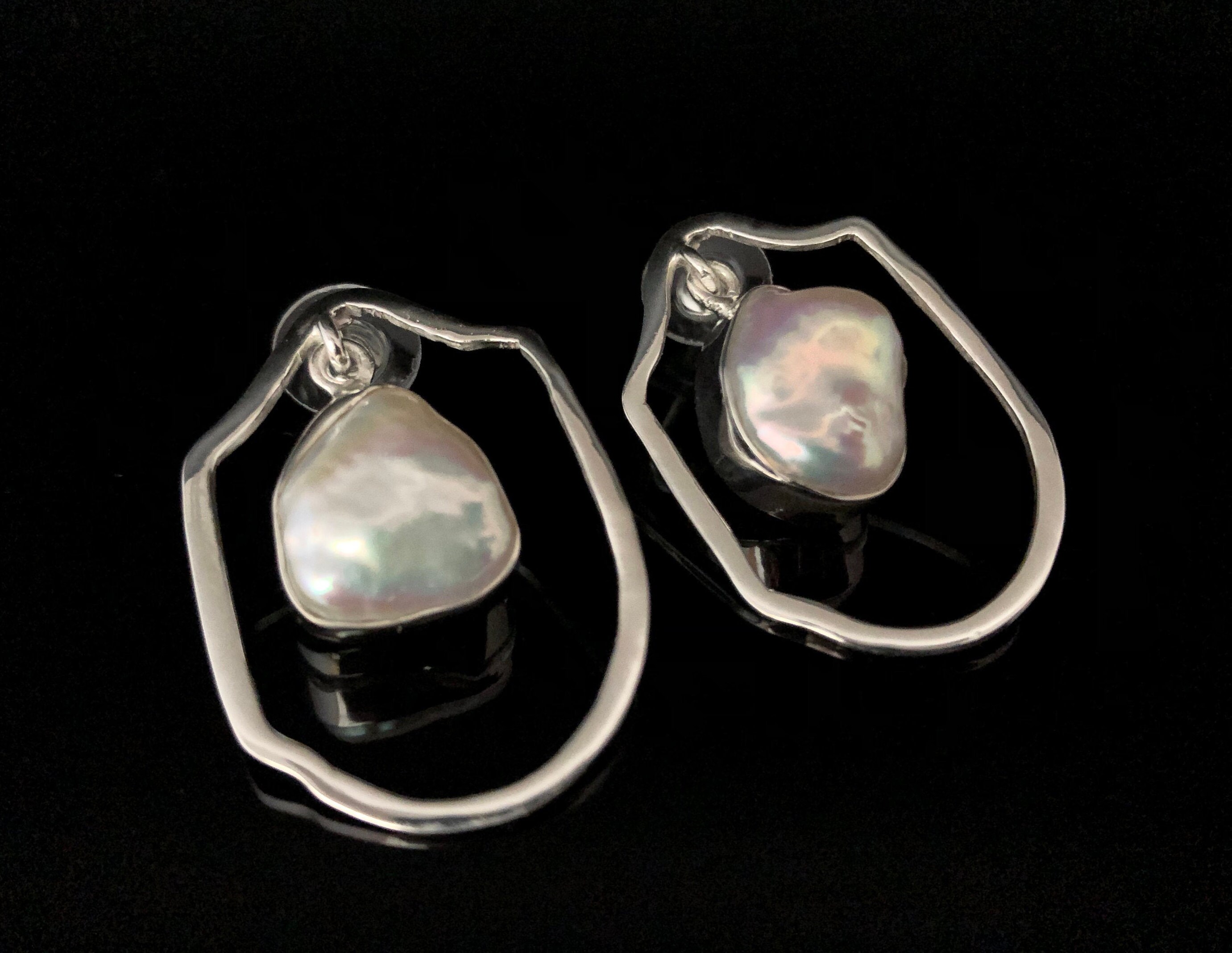 Large Freshwater Pearl Earrings // Large Silver Framed Pearl | Etsy