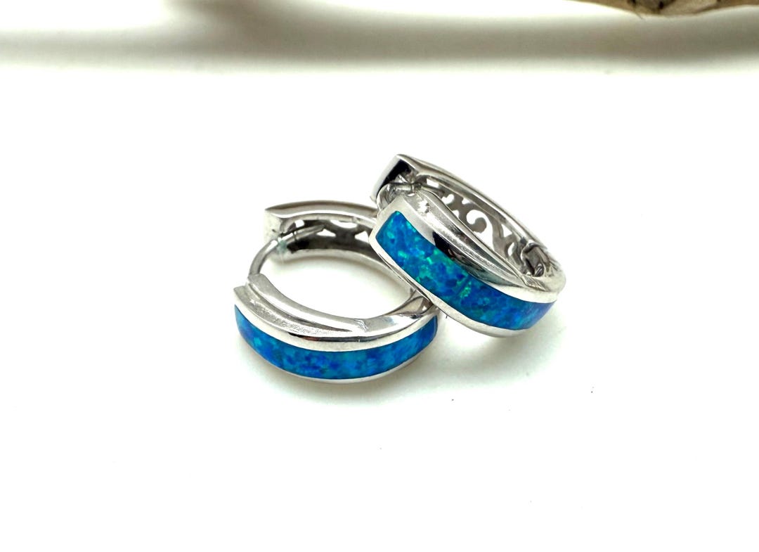 Blue Opal Huggies Hoop Earrings // Blue Opal Hoop Earrings // Blue Opal ...