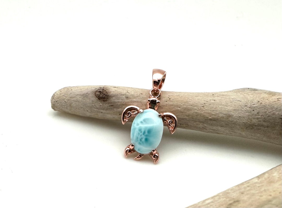Tiny Sea Turtle Larimar Rose Gold Pendant / Larimar Sea Turtle / Long ...