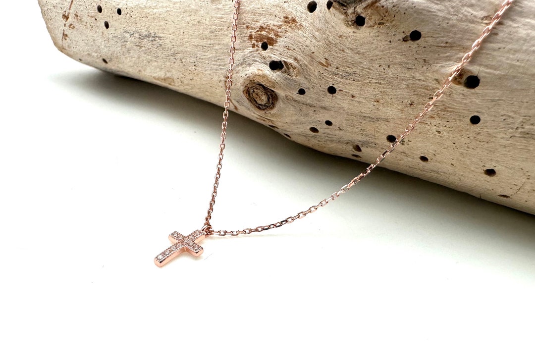 Rose Gold Cross Necklace 16”-17”// Simple Rose Gold Cross Pendant ...
