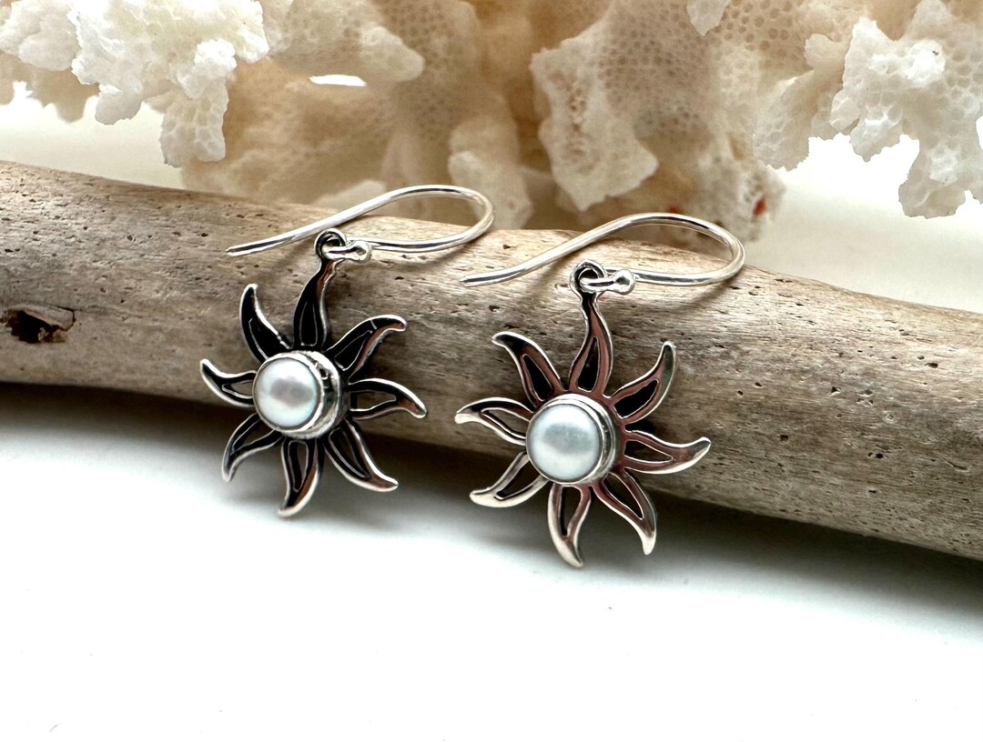 Pearl Sun Flower Earrings // Flower Pearl Earrings 20mm // 925 Sterling ...