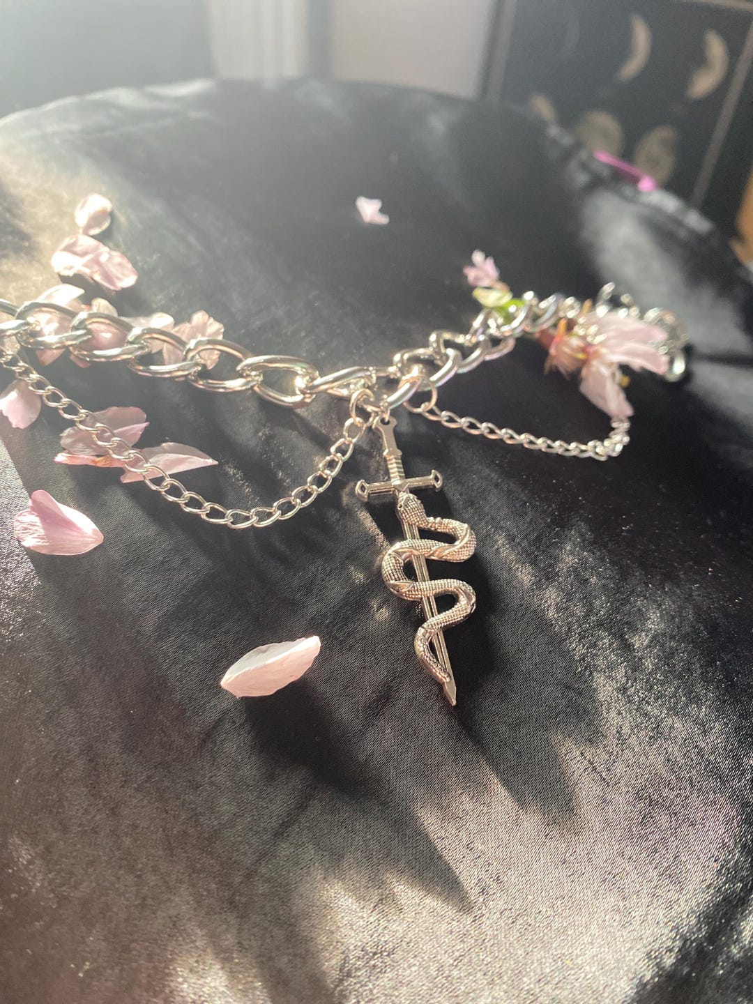 Silver Serpent Snake Sword Pendant Double Chain Choker Necklace - Etsy