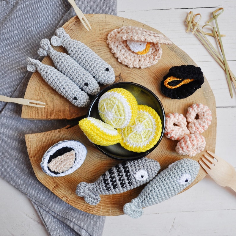 Crochet Seafood, Mini Set 14 Psc. - Shell, Mussels, Fish, Oyster ...