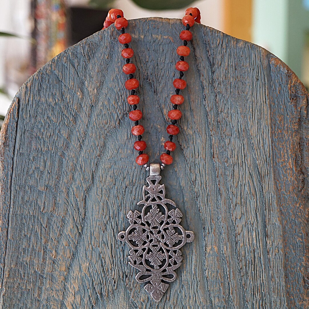 Handcrafted Ethiopian Cross Necklace: Jade Boho Statement Jewelry - Etsy