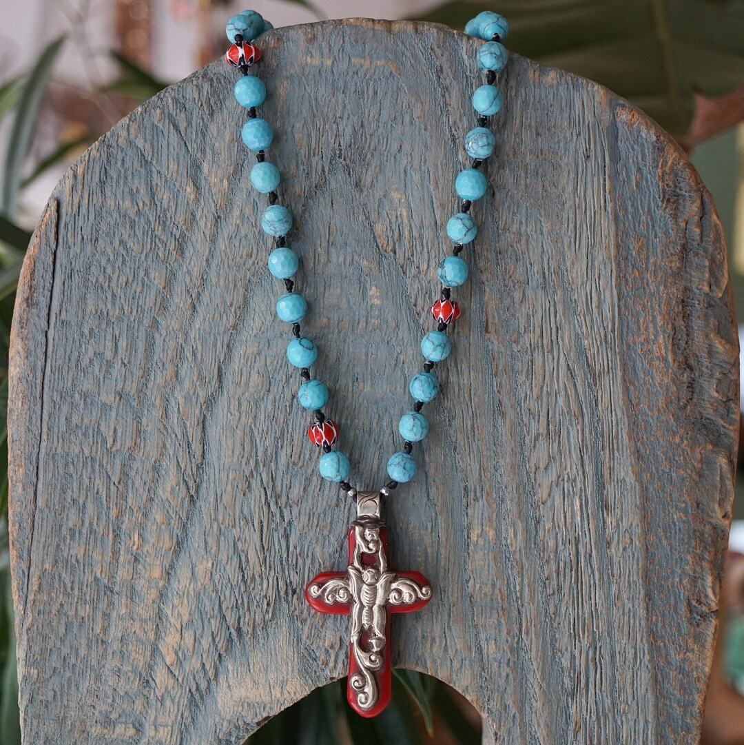 Handmade Coral Cross Pendant Necklace: Turquoise Howlite Boho Jewelry ...