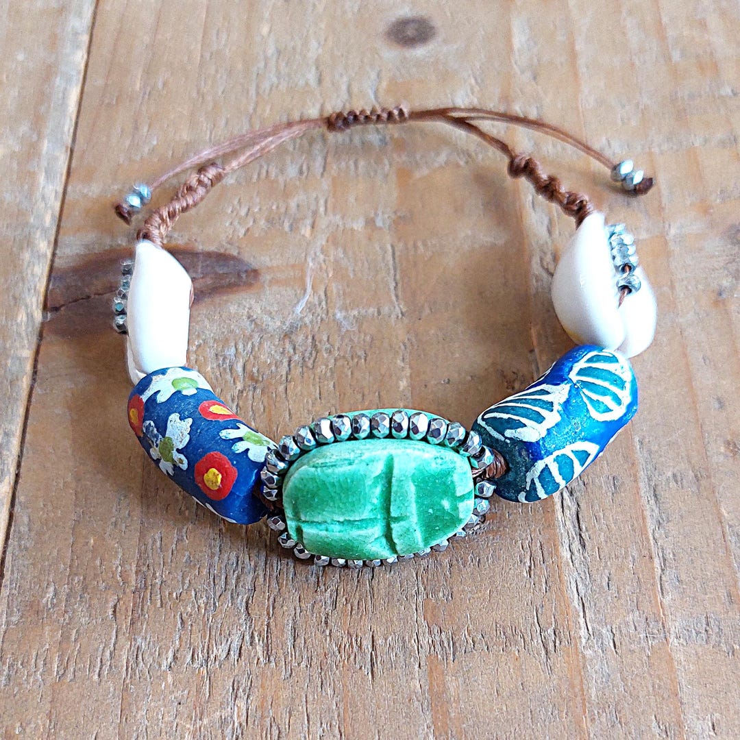 Egyptian Ceramic Scarab Bracelet With African Beads & Shells - Handmade ...
