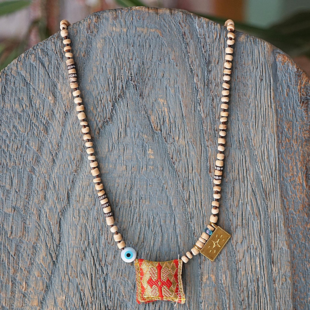 Handmade Greek Talisman Pendant Necklace With Coconut Beads, Unique ...