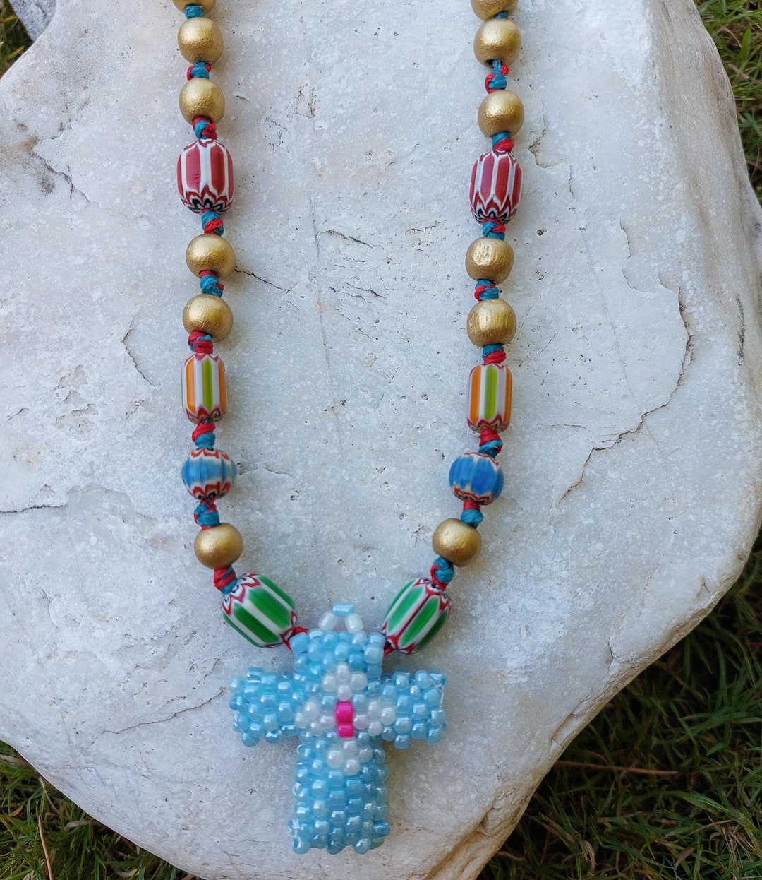 Beaded Cross Talisman Necklace Made in Greece, Unique Handmade Gift for ...