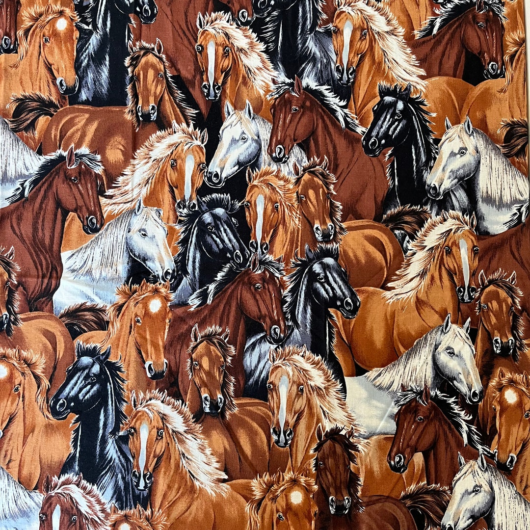Vintage Cowboy Fabric | Calico Horse Herd Toile | Southwestern ...