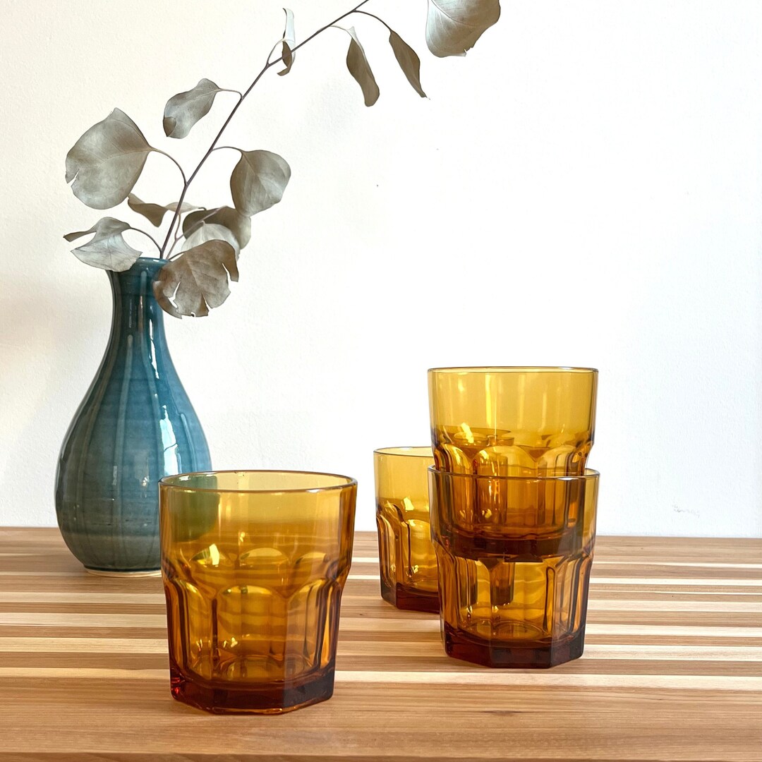 Vintage Amber Glass Highball Glasses Set Of 4 Amber Drinking Etsy