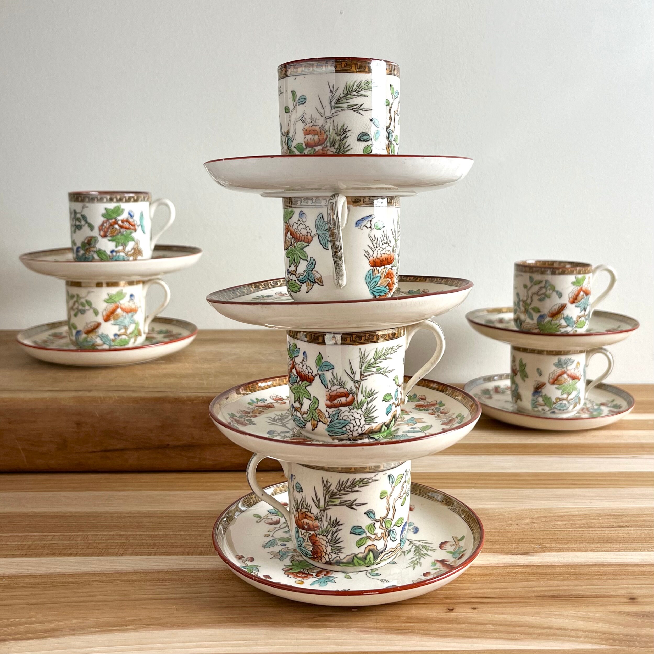 Demitasse Set of 8 Antique Copeland Spode india Tree English China Espresso Cups W/ Saucers ...