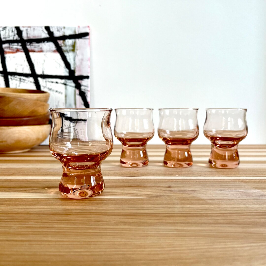 Set of 4 Vintage Coral Pink Glass Footed Whiskey Glasses | Cordial ...