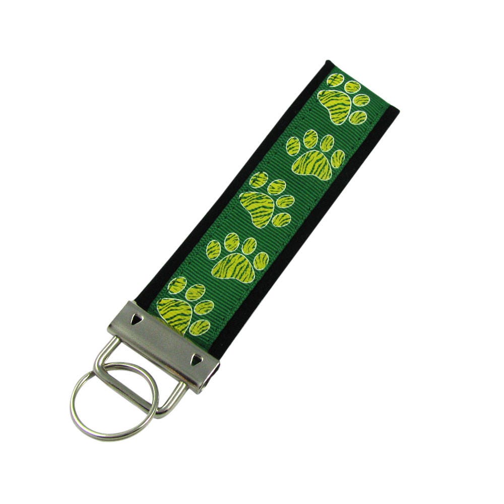 Personalized Key Chain / Key Fob Green and Yellow Paw Prints | Etsy