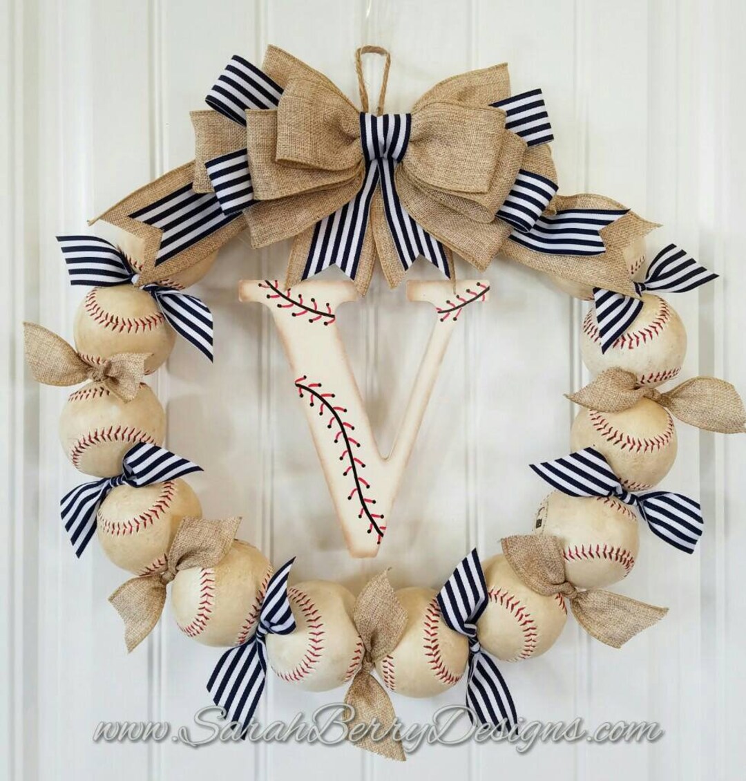 Baseball Wreath With Burlap Bow and Navy/white Striped Ribbon Baseball ...