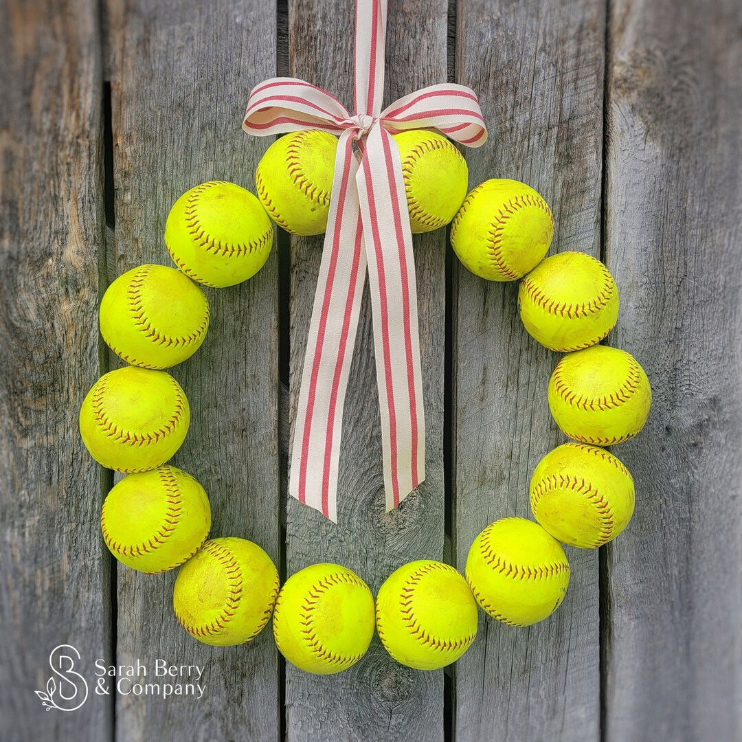 Softball Wreath With Linen Bow - Vintage Inspired Softball Decor ...