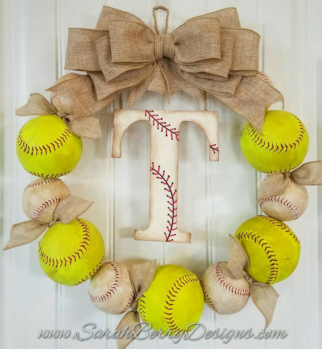 Baseball Softball Wreath With Burlap Bow Monogram Front Door Decor ...
