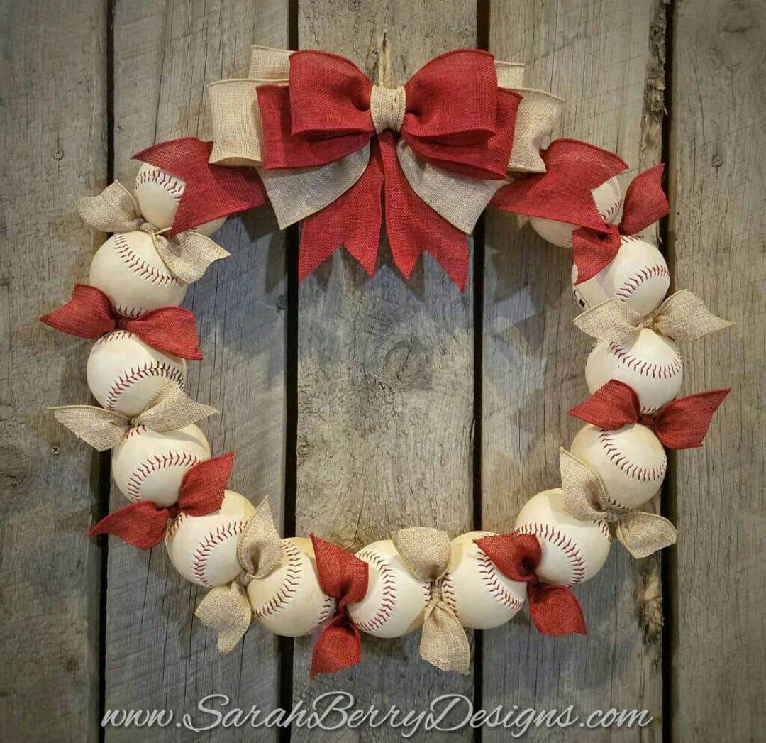 Baseball Wreath With Burlap Bow Sports Team Front Door Wreaths Baseball ...