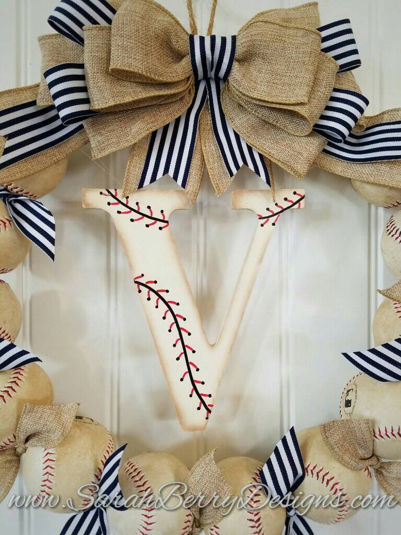 Baseball Wreath With Burlap Bow and Navy/white Striped Ribbon - Etsy