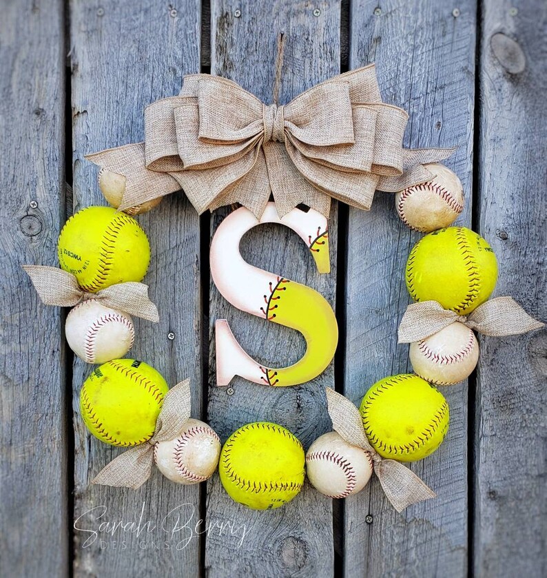 Baseball Softball Wreath: Custom Monogram, Burlap Bow Front Door Decor ...