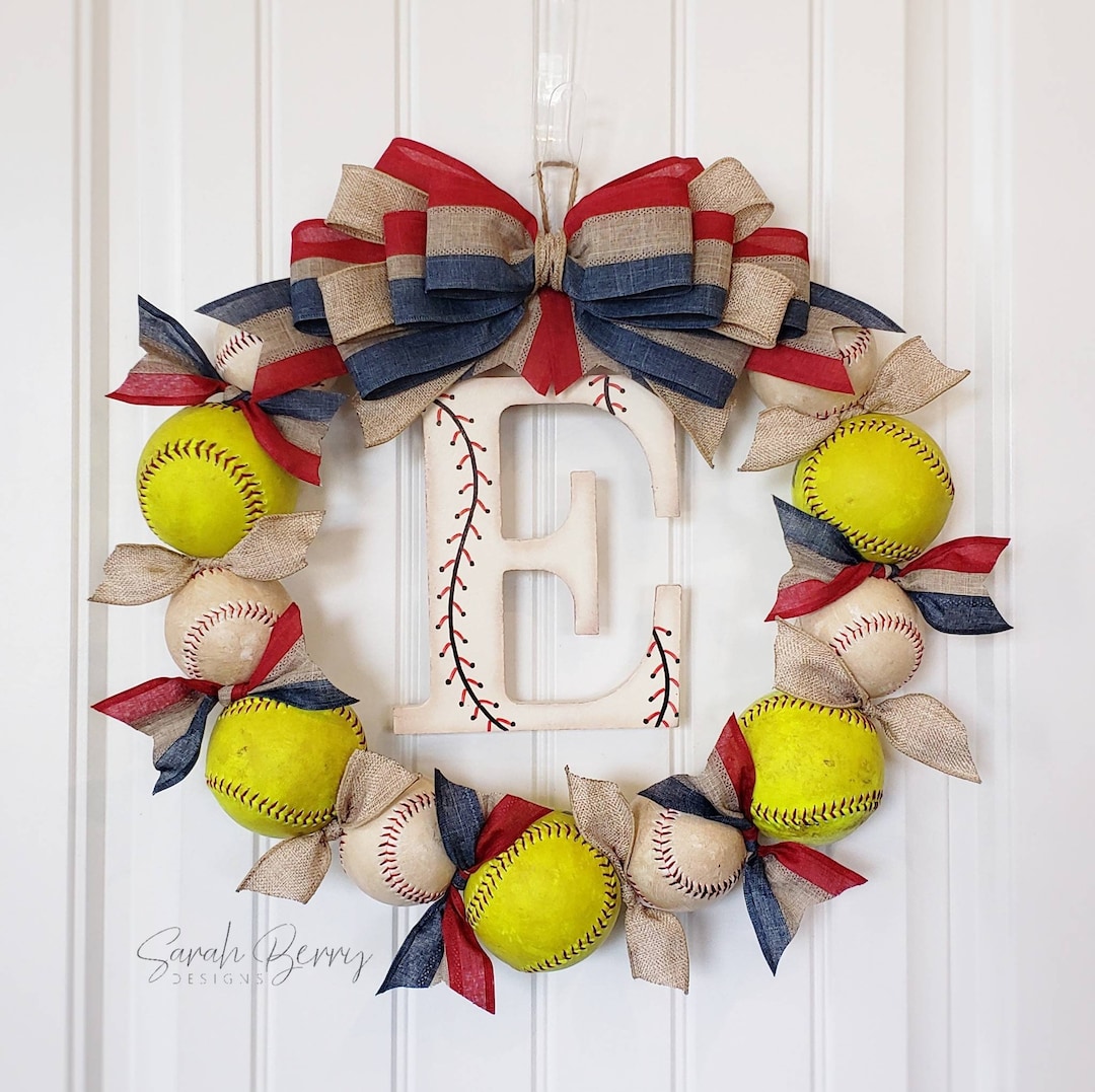 Baseball Softball Wreath: Patriotic Monogram Door Decor - Etsy
