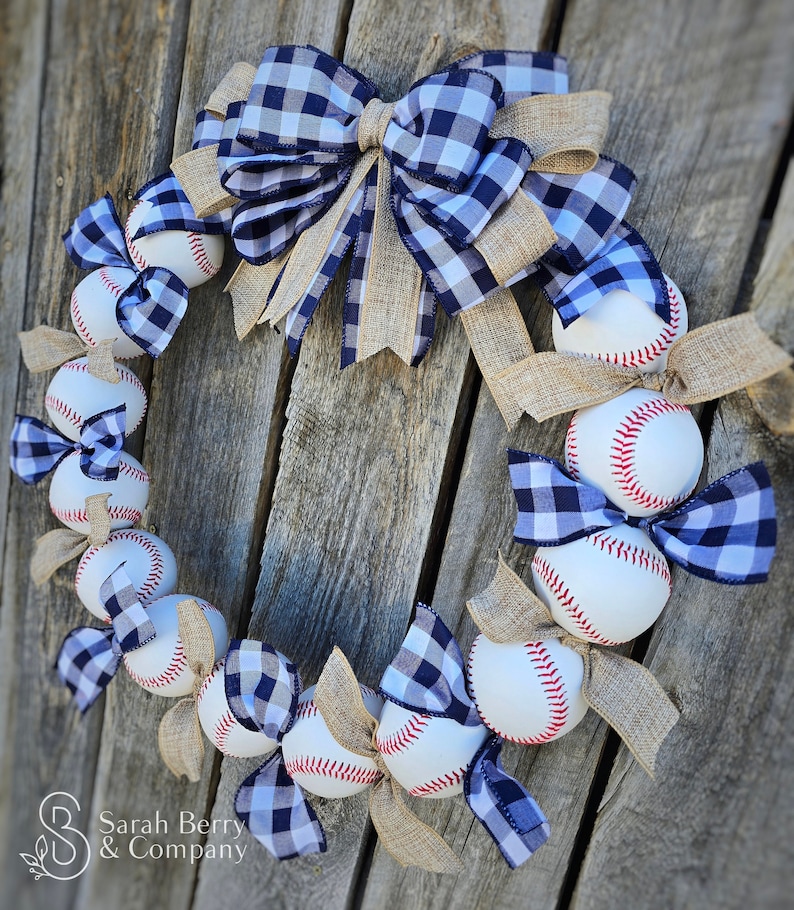 Baseball Wreath With Blue Gingham Bow Summer Porch Decorations Play ...