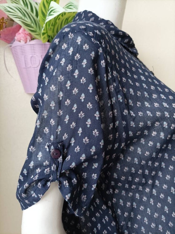 70s Vintage Indian Navy blue Cotton print Gypsy Gauze… - Gem