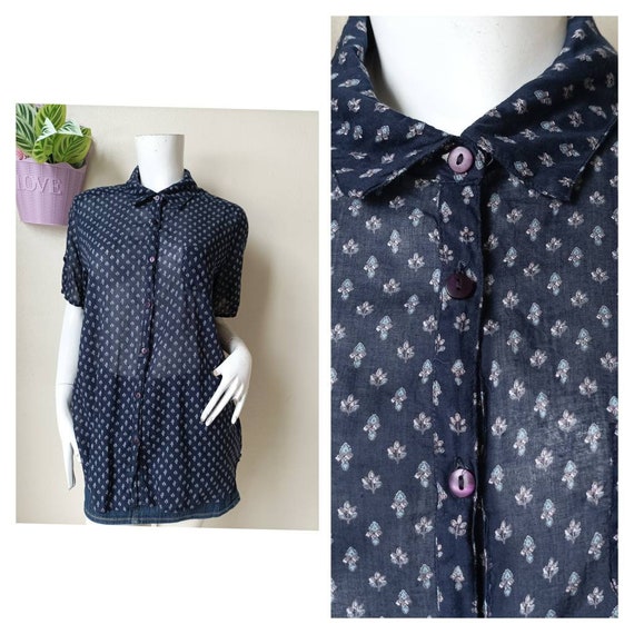 70s Vintage Indian Navy blue Cotton print Gypsy Gauze… - Gem