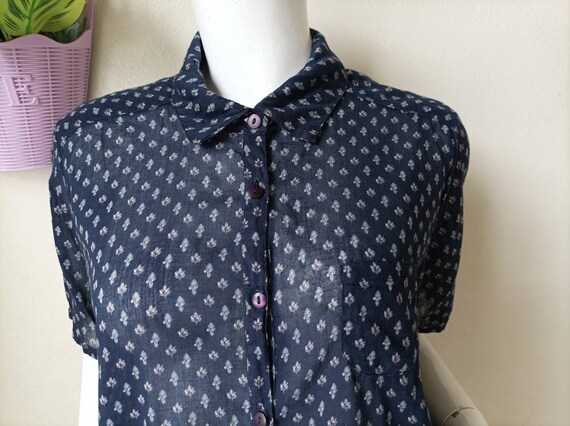 70s Vintage Indian Navy blue Cotton print Gypsy Gauze… - Gem