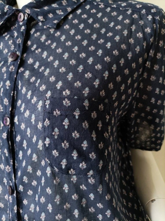 70s Vintage Indian Navy blue Cotton print Gypsy Gauze… - Gem