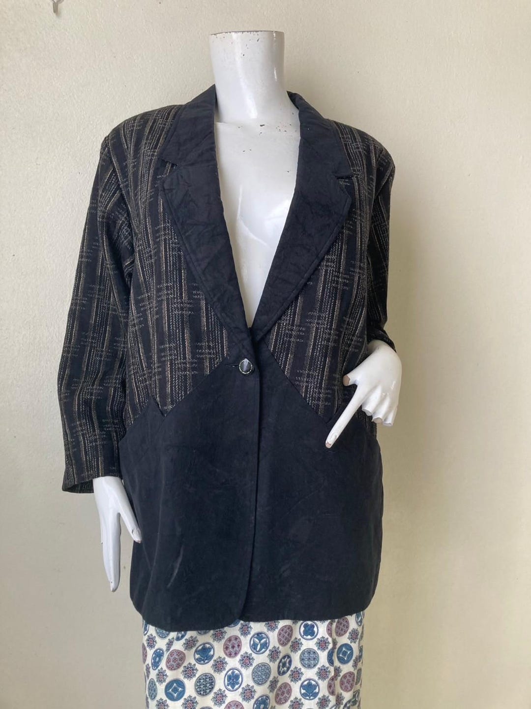 Vintage Cotton Jacket // Cotton Black and Brown Blazer Size XL - Etsy
