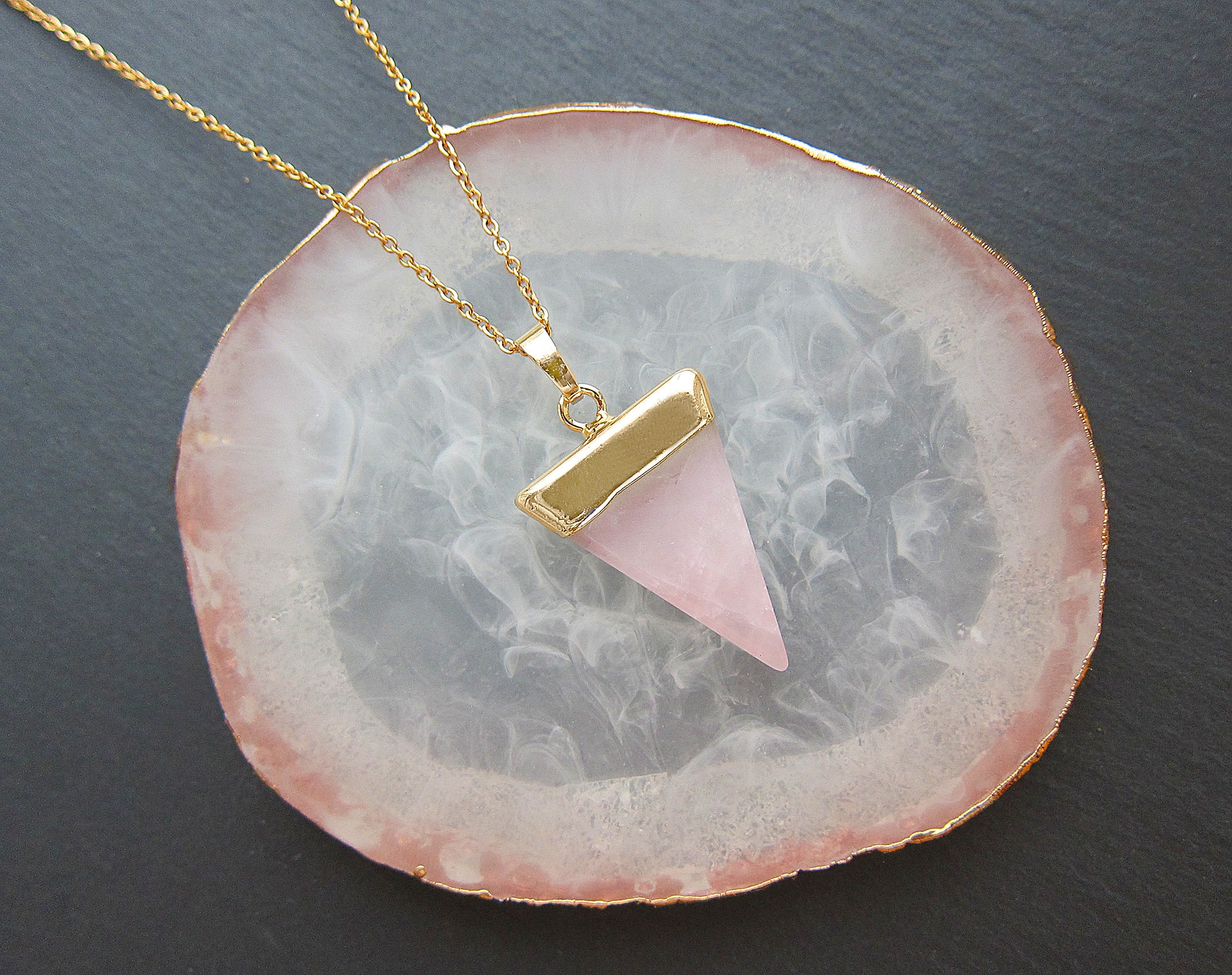 Rose quartz crystal necklace Rose quartz pendant Triangle | Etsy